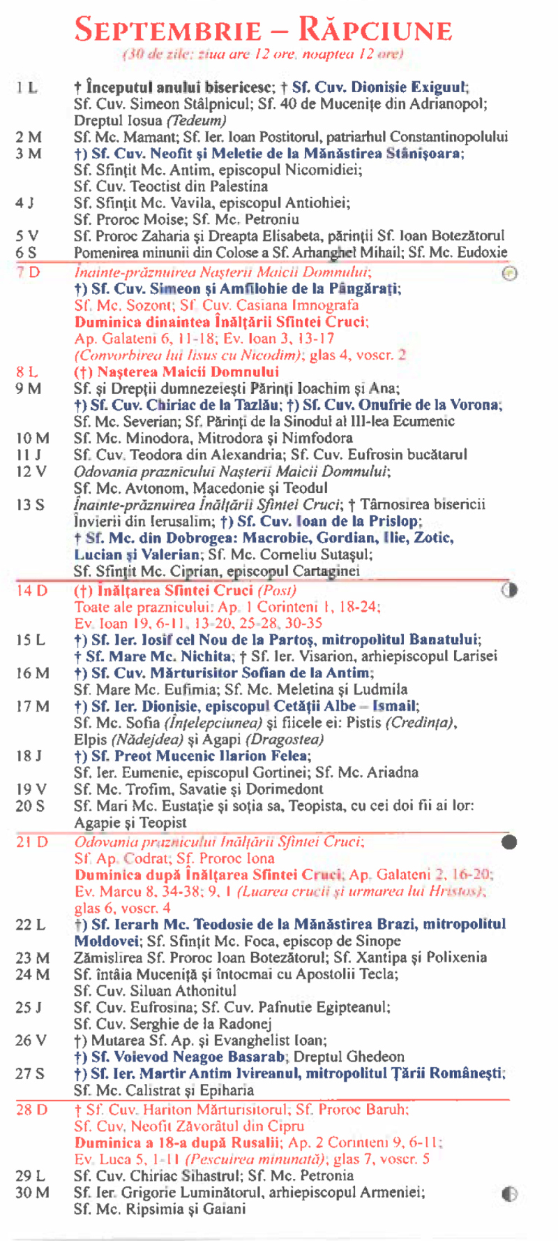 Calendar ortodox - Septembrie - Patriarhia.ro